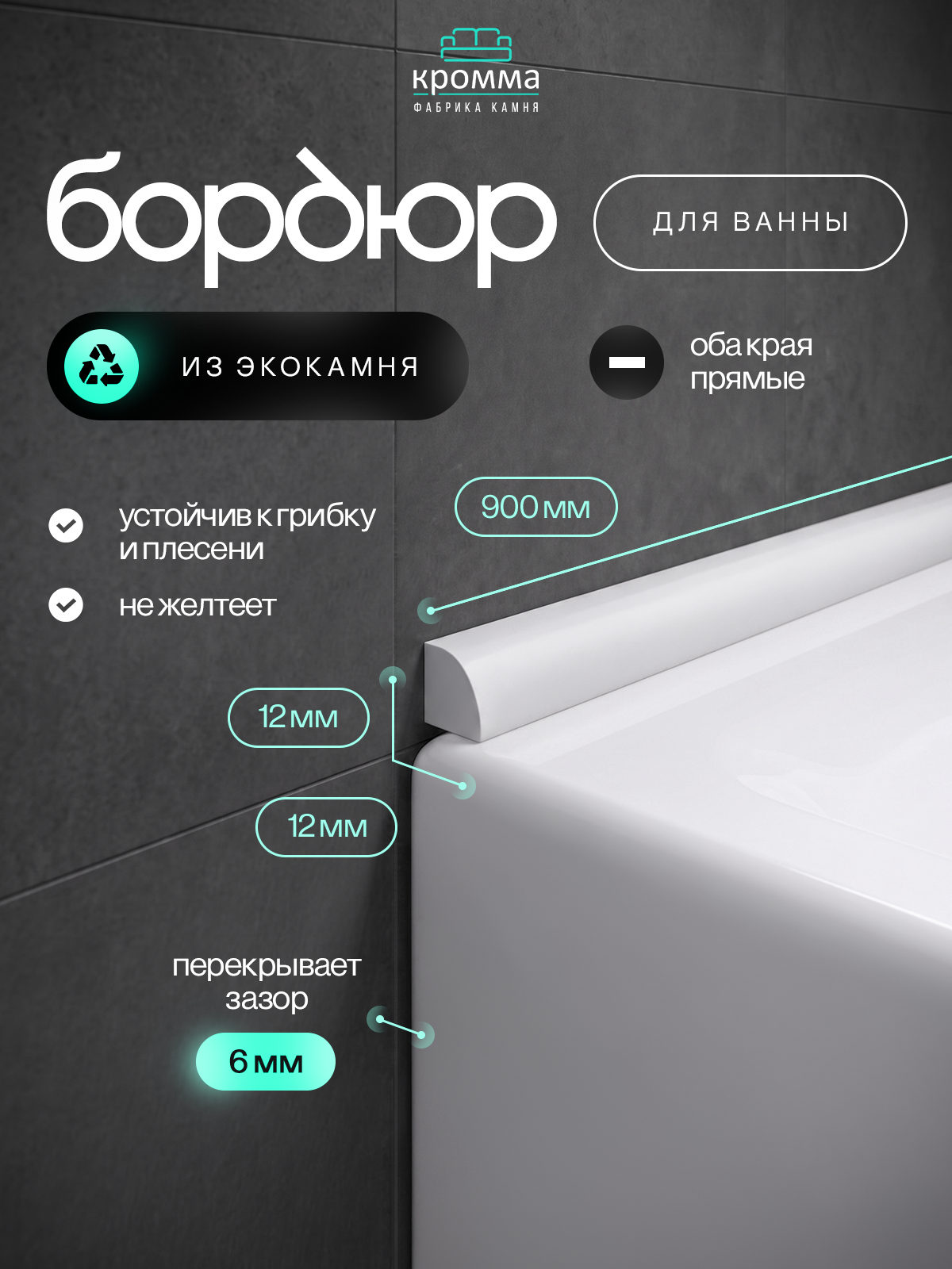 Акриловый бордюр плинтус для ванны 12/900 мм. белый цвет, глянцевая поверхность, прямой