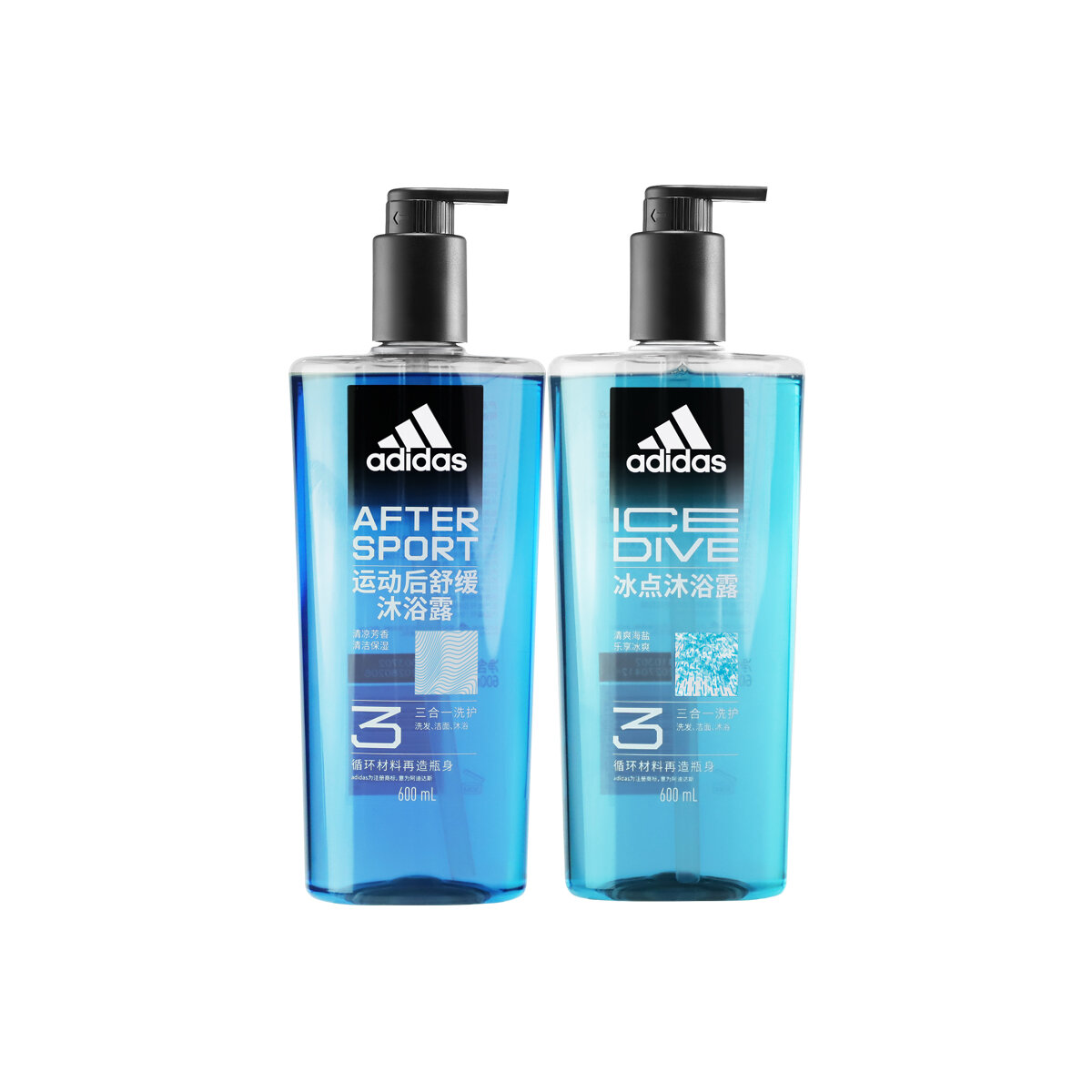 Adidas Гель для душа мужской 3 в 1 DYNAMIC PULSE / AFTER SPORT, 600 мл, Two-Piece Set: Sports Post-Workout Soothing Shower Gel 600ml+Ice Point Shower Gel 600ml