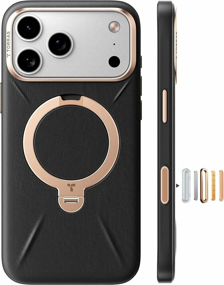 Чехол для телефона TORRAS Q3 VegSkin из натуральной кожи для iPhone 17 Pro Max, с магнитной подставкой, вращающейся на 360, цвет Полуночный черный.