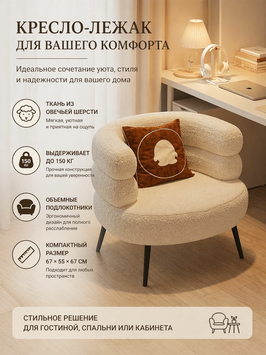 Круглое кресло из тедди-ткани с тонкими черными металлическими опорами , 1 шт, 67х55х67 см