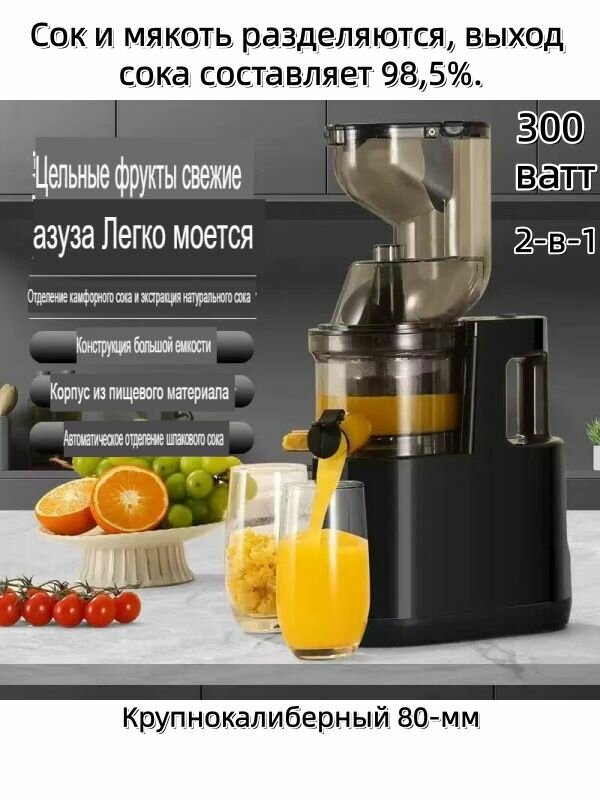 Соковыжималка электрическая шнековая Мощность 300 Вт, двигатель постоянного тока, большой диаметр 80 мм, функция реверса, система защиты от капель, черный матовый