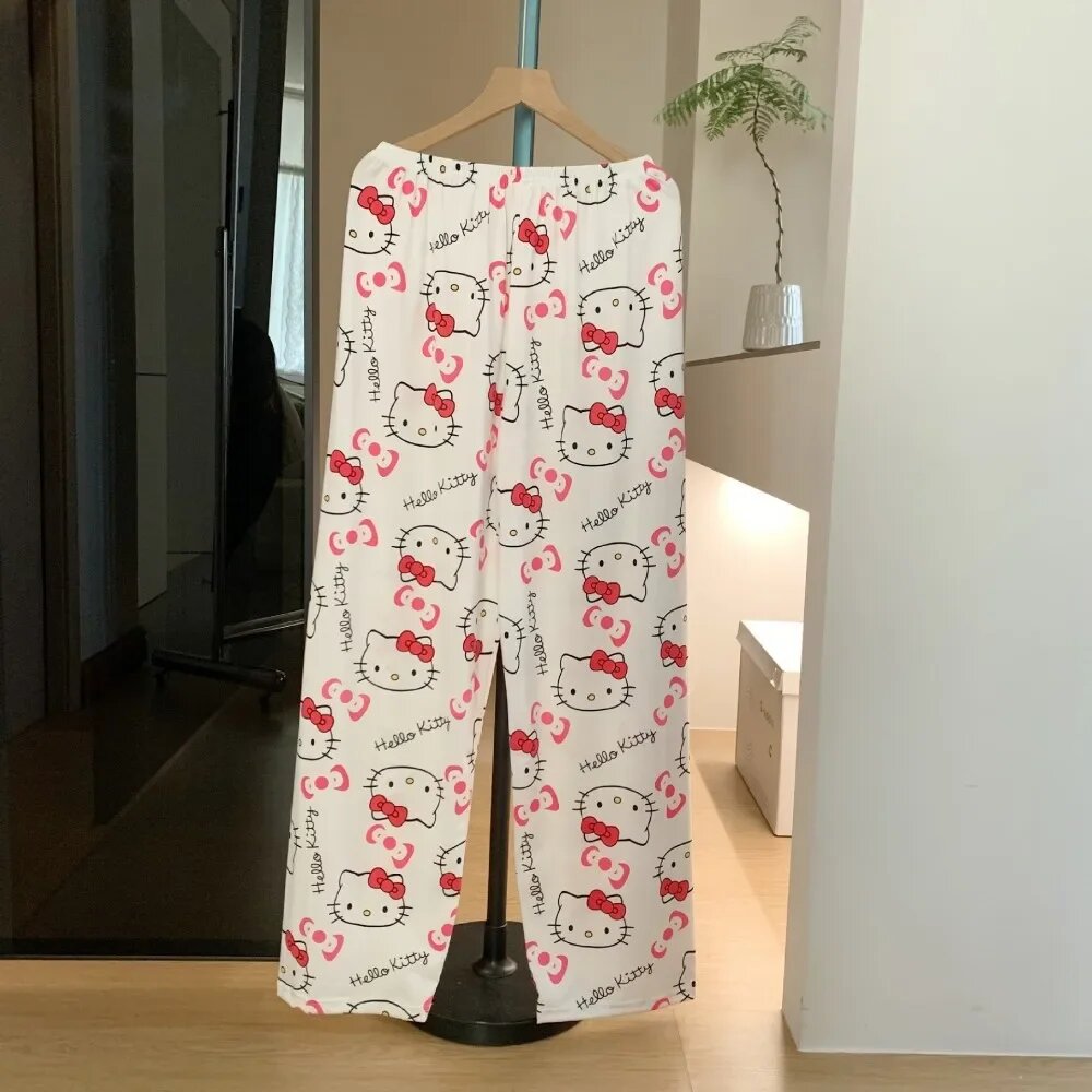 Новые пижамные штаны Hello Kitty для женщин, летние тонкие свободные повседневные штаны, домашние штаны с мультяшным рисунком, подходят для пар и для ношения на открытом воздухе.