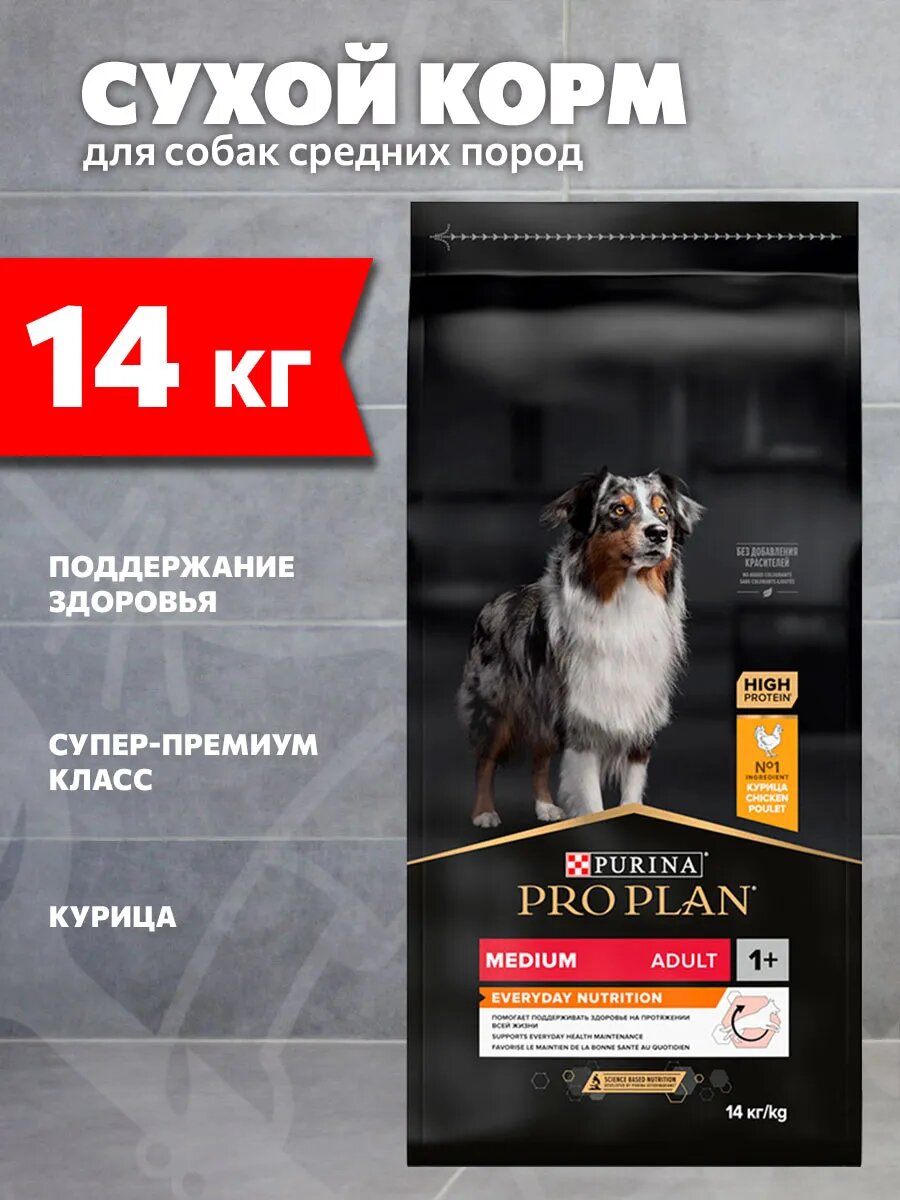 Корм сухой Pro Plan Everyday Nutrition для взрослых собак средних пород, курица, 14 кг
