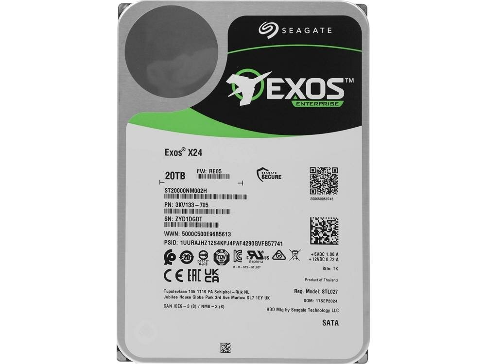 Жесткий диск Seagate SATA-III 20TB ST20000NM002H Server Exos X24 4KN (7200rpm) 512Mb 3.5"