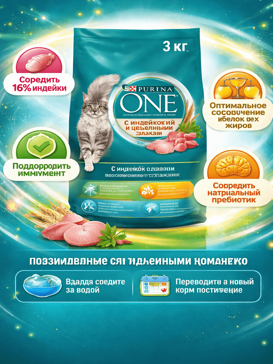 Корм сухой Purina One для взрослых кошек живущих в домашних условиях с индейкой и цельными злаками, 3кг