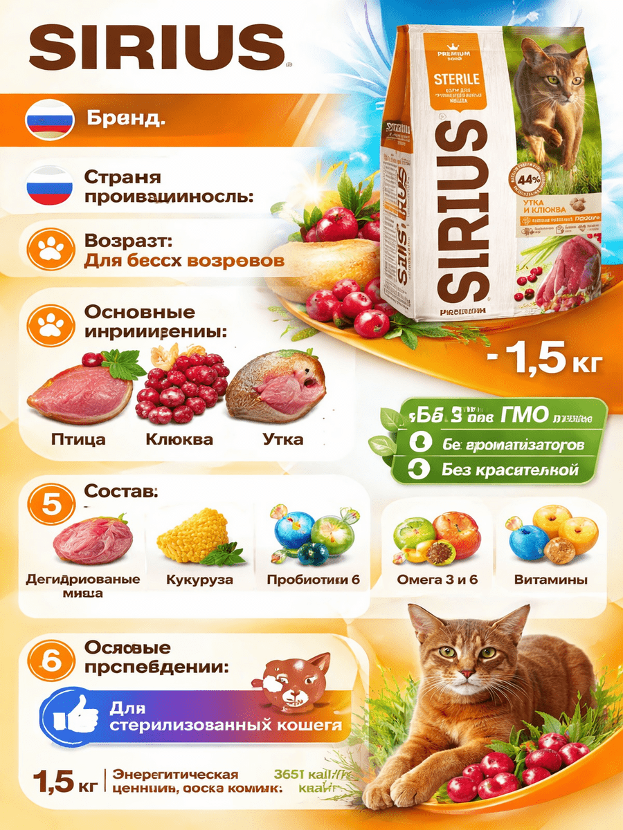 Сухой корм Sirius Premium для стерилизованных кошек с уткой и клюквой, 1.5кг