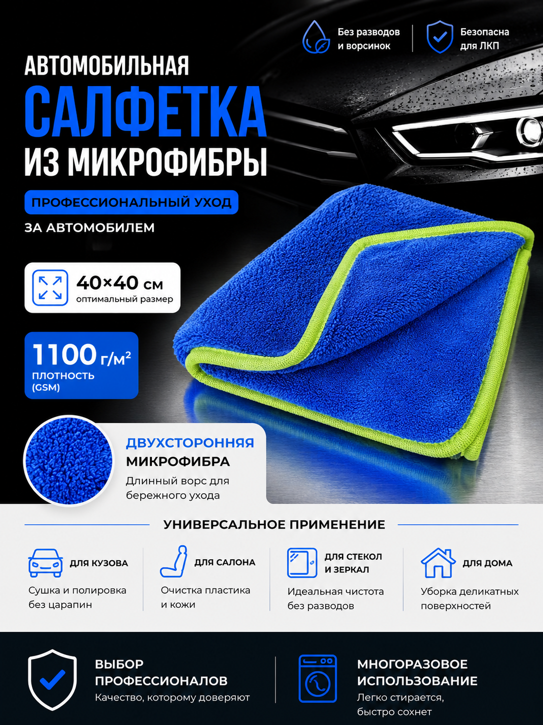 Микрофибра для автомобиля KUPIAVD 40×40 см, 1100 GSM, двухстороннее полотенце для сушки авто, без разводов и царапин