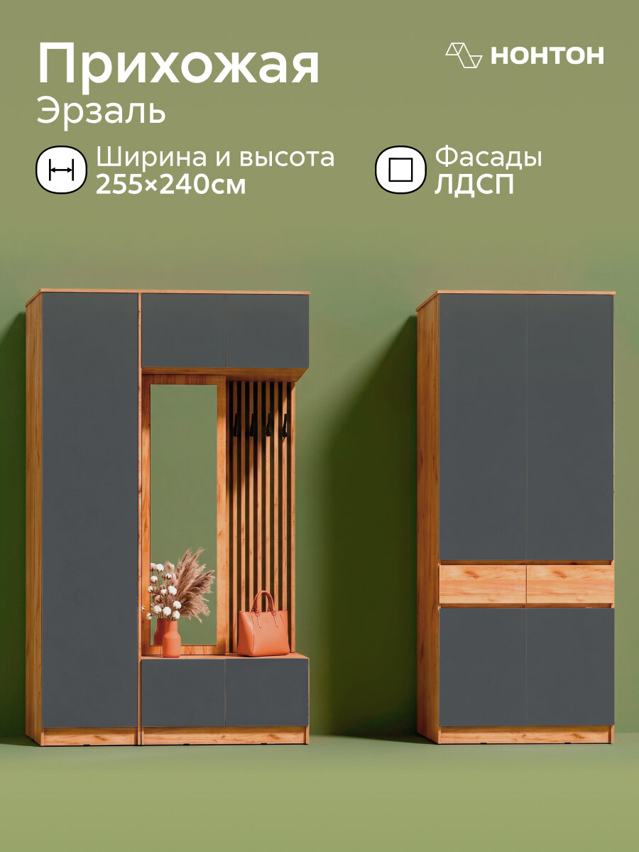 Прихожая модульная Эрзаль 1, Ш:255 * Г:52 * В:240 см (дуб крафт / графит)