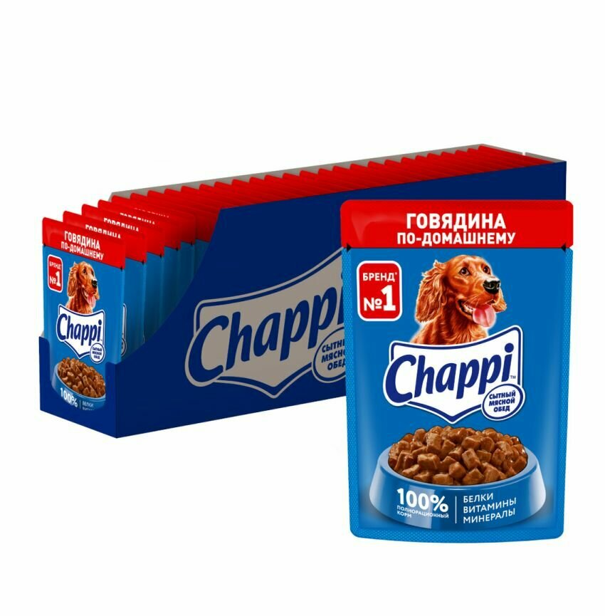 Chappi Корм влажный Сытный мясной обед для собак с говядиной по-домашнему, 85 г, 28 шт