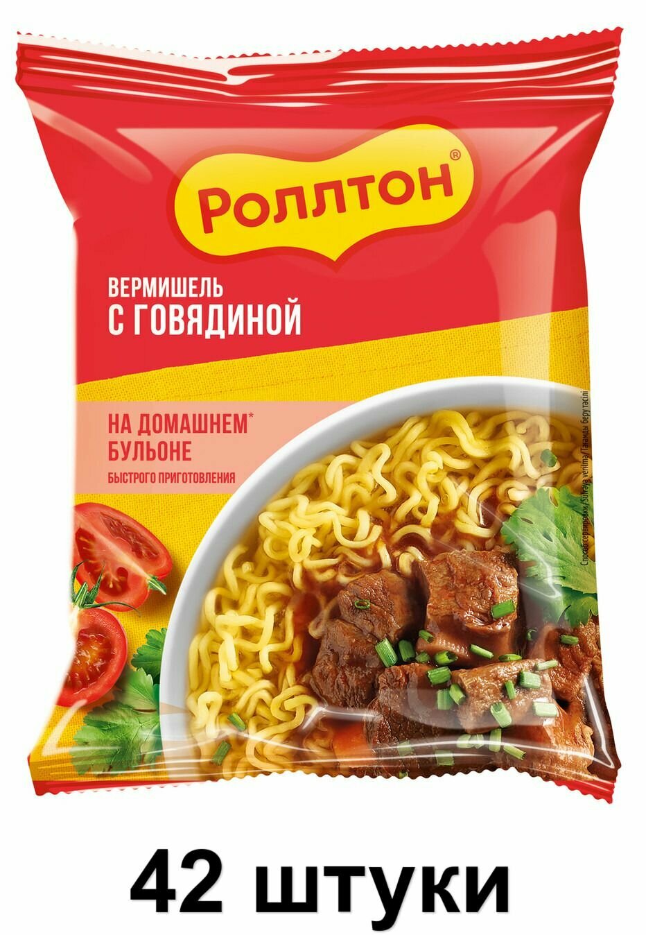 Роллтон Вермишель быстрого приготовления говяжья, 60 г, 42 шт