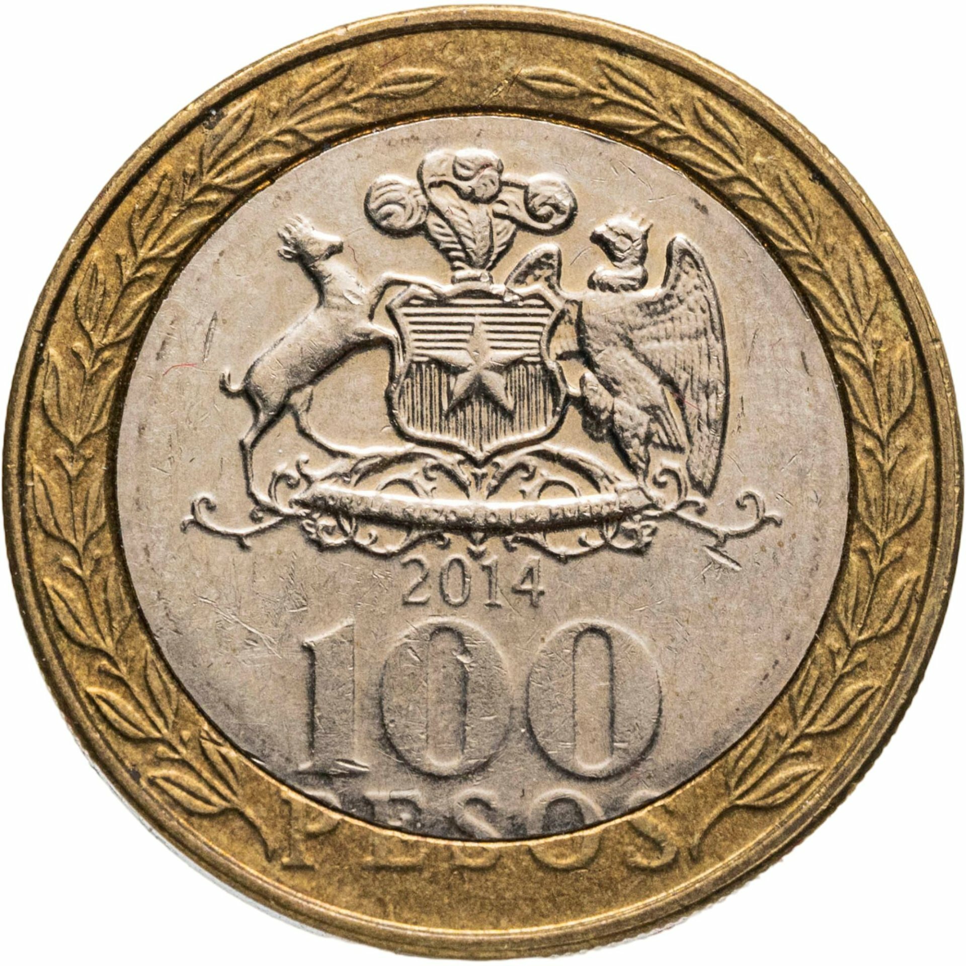 Чили 100 песо pesos 2014, Биметалл, в сохранности AU