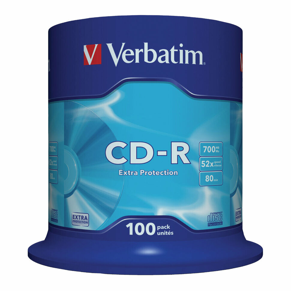 Диск CD-R VERBATIM 700 Mb 52х Cake Box (упаковка на шпиле), комплект 100 шт, 43411, 511899