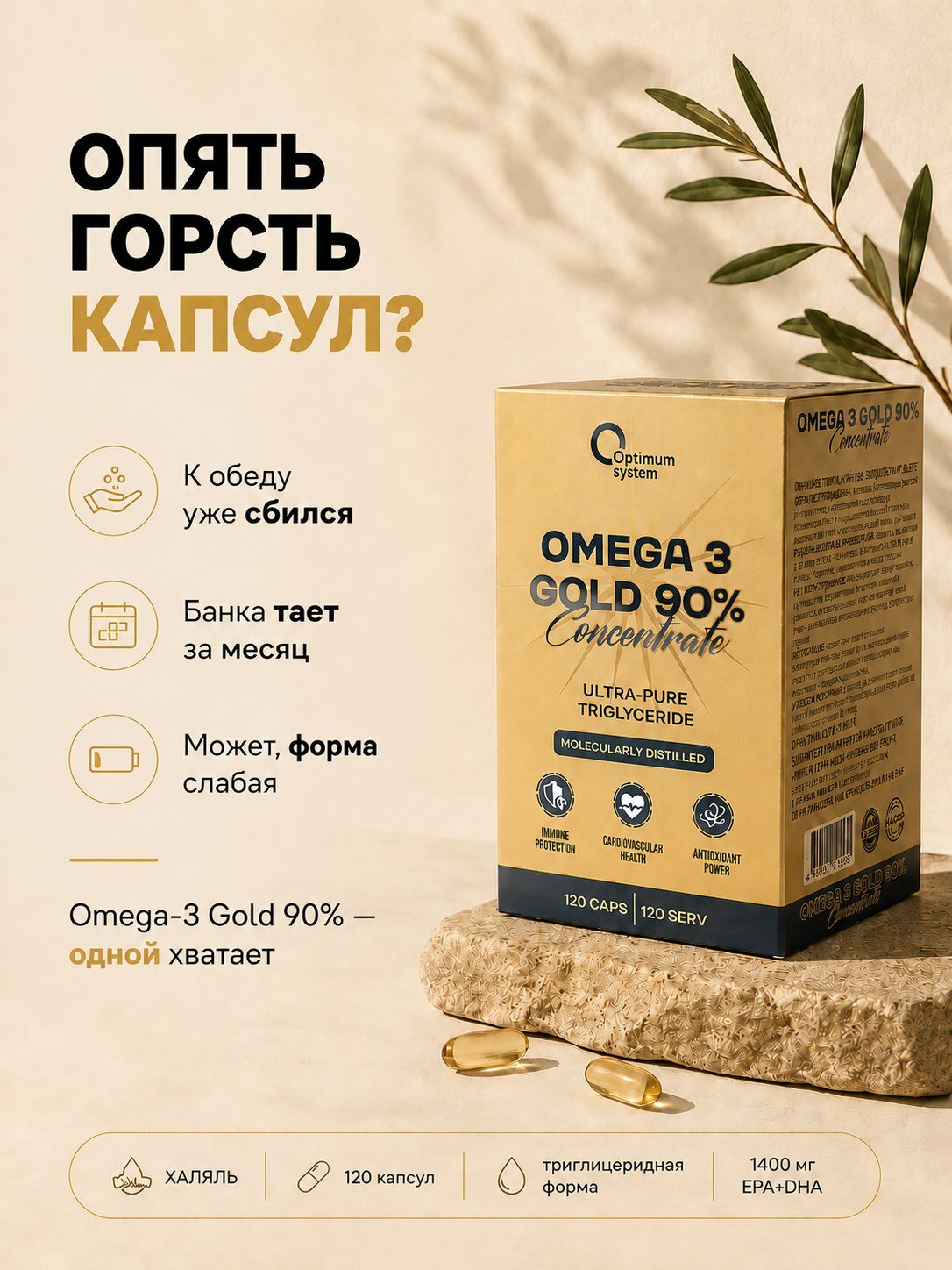 Омега-3 90% Тройная дозировка Optimum System Omega-3 90% Gold Series 120 капсул