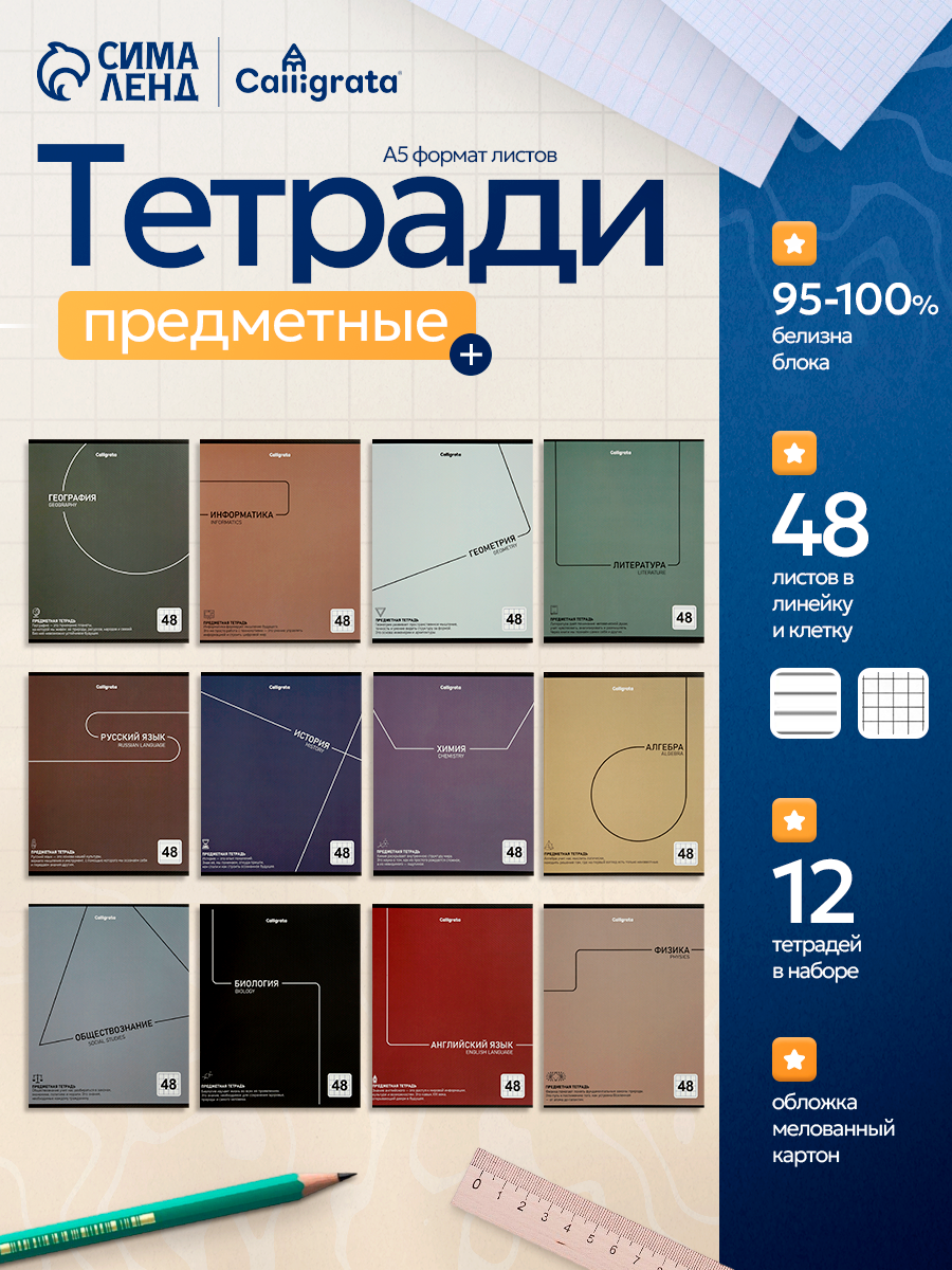 Комплект 12 предметных тетрадей 48 листов, справочная информация, 60 г