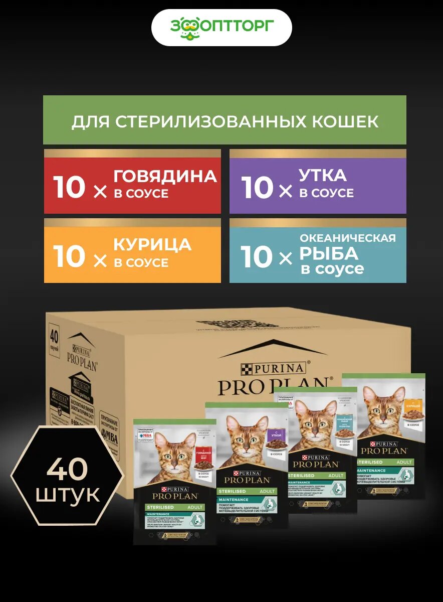 Pro Plan Nutrisavour Sterilised набор паучей для стерилизованных кошек и котов (кусочки в соусе) Курица, говядина, утка, океаническая рыба, 85 г. х 40