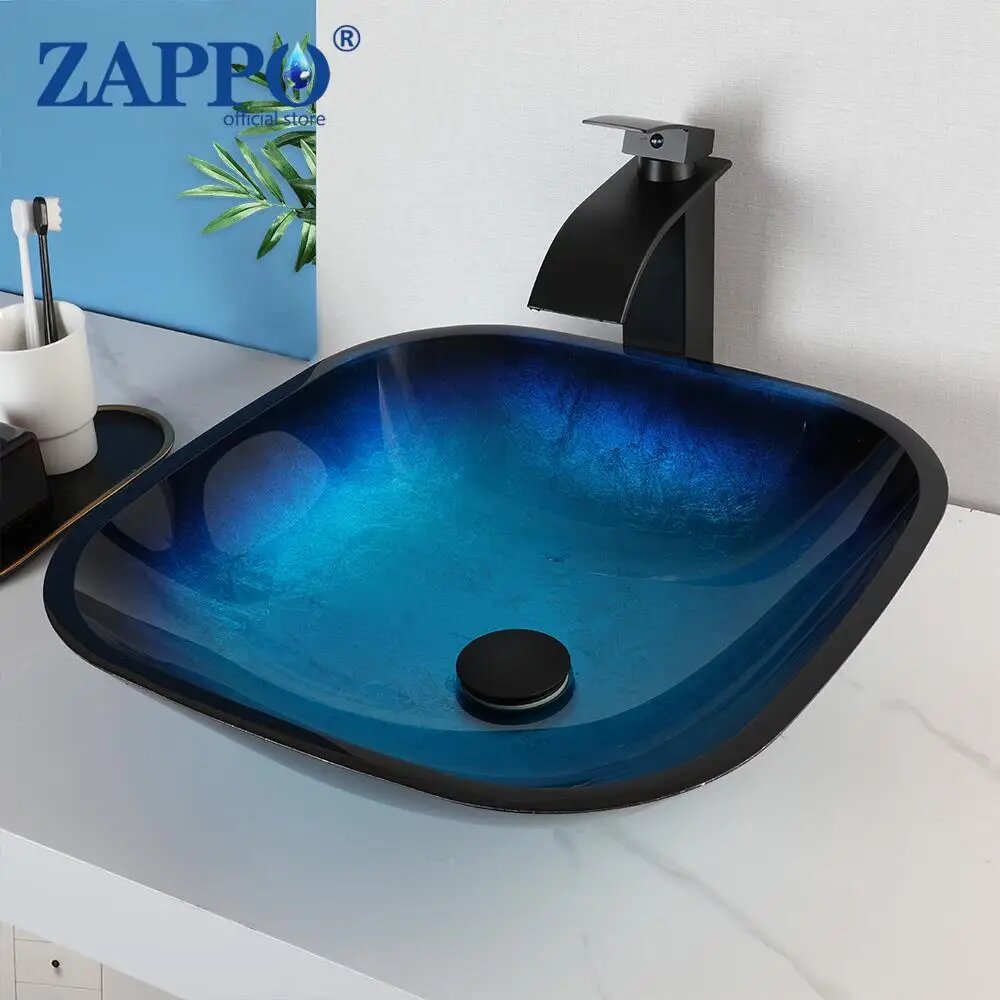 Ванна для ванной комнаты из закаленного стекла ZAPPO с водопадным черным краном, овальная синяя ванная ванна, раковина над столом