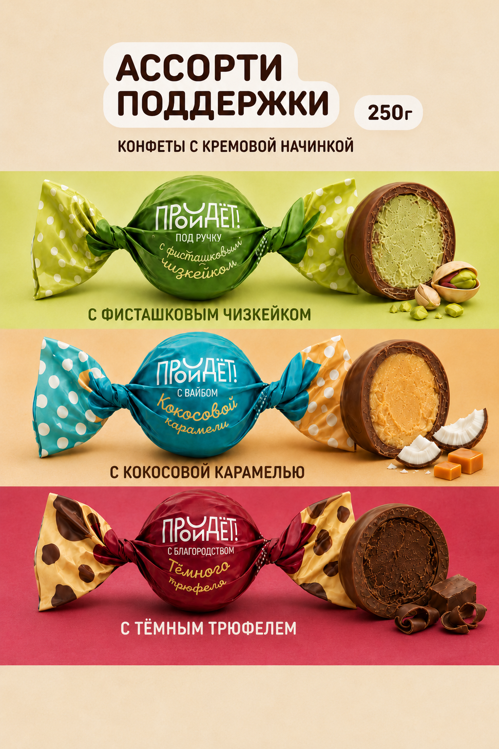 Конфеты Ассорти 250 гр. шоколадные "Томер" с начинкой, 3 вкуса