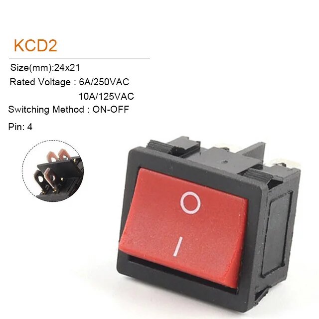 5 шт. Кулисный переключатель DIY GO KCD2 красный чёрный 24x21 мм 4/6 Pin 2/3 10 PCS, 4Pin Red