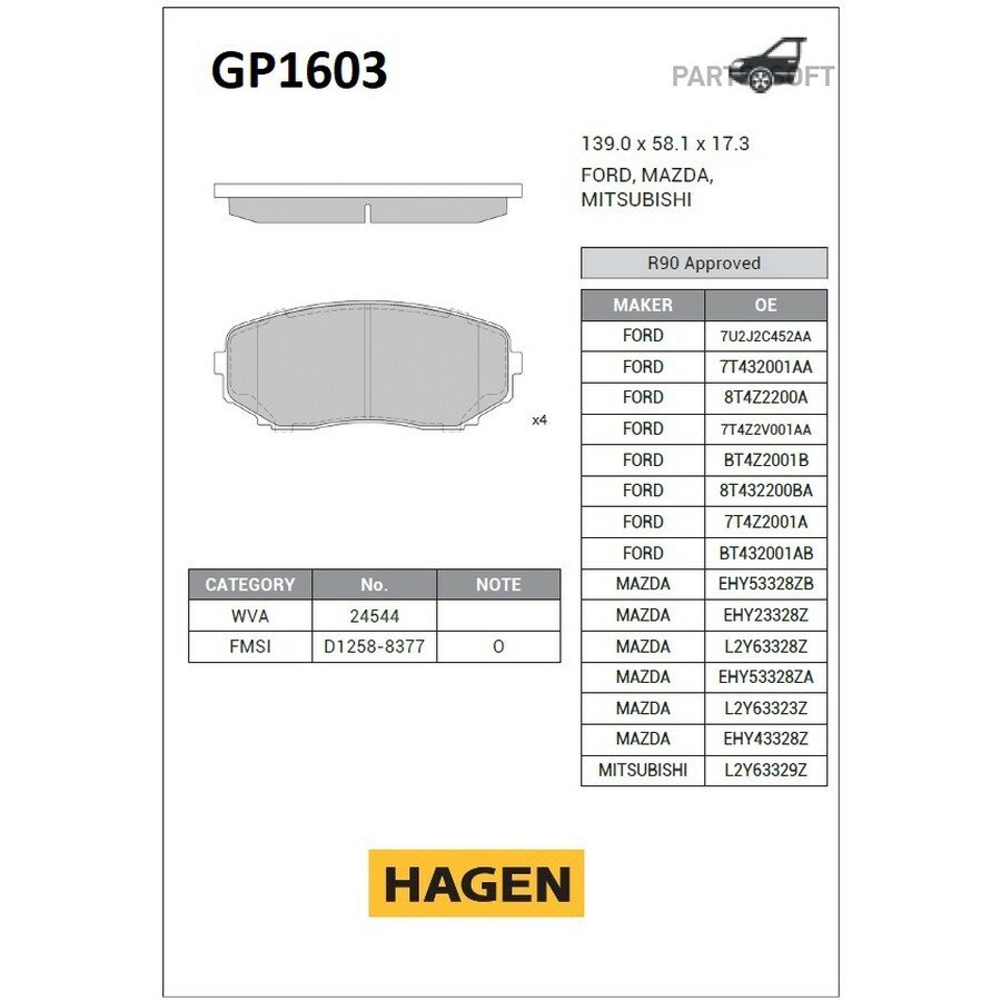 Колодки торм. дисковые HAGEN MAZDA CX-9 (TB) 07- (D1258) SANGSIN BRAKE GP1603