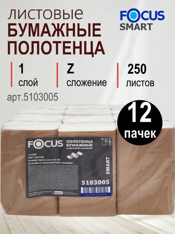 Полотенца бумажные FOCUS SMART 1 слой, Z-сложение, 250 листов, 12 пачек, арт 5103005