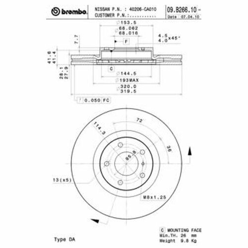 Диск тормозной передний Brembo 09. B266.10 для Infiniti M (2005-н. в.), Nissan Murano (2003-2014), NISSAN (DFAC) MURANO II Z51 (2011-н. в.)