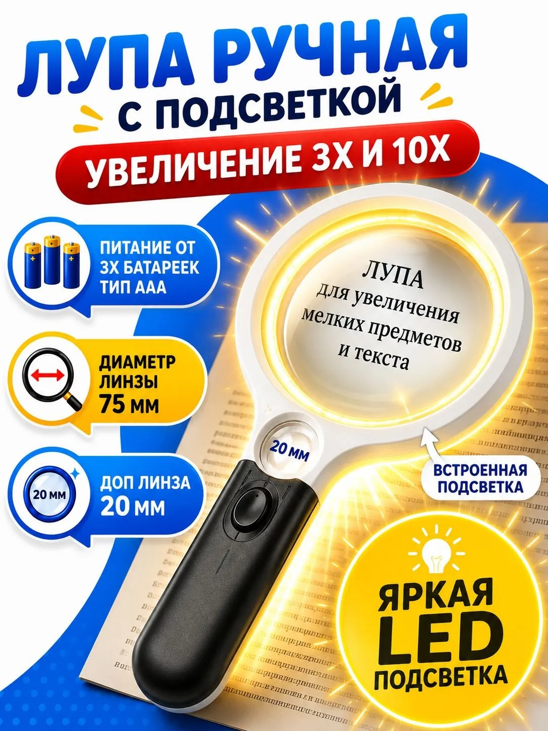 Лупа ручная с Led подсветкой. черно-белая, с увеличением , круглая линза
