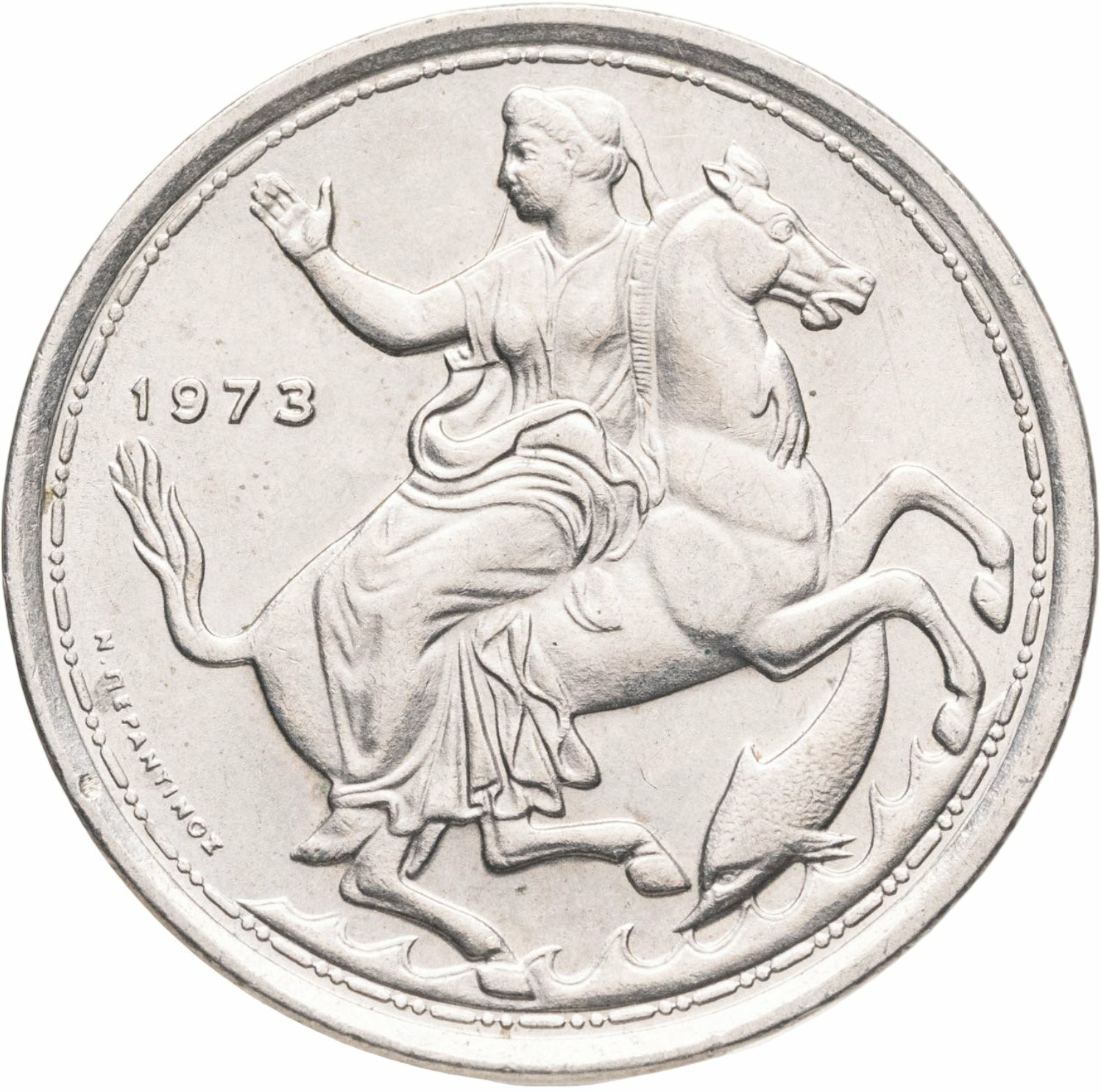 Греция 20 драхм drachmai 1973 ΒΑΣΙΛΕΙΟΝ ΤΗΣ ΕΛΛΑΔΟΣ, Мельхиор медь-никель, в сохранности UNC