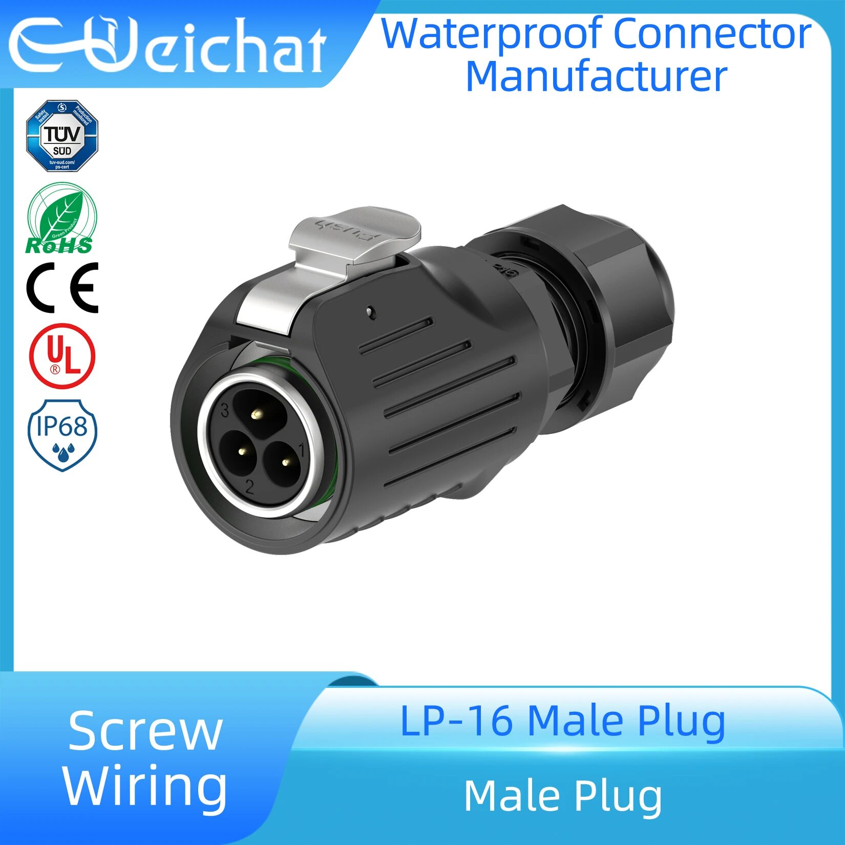 LP-16 Male Plug, 3 Pin Male, IP68, Черный