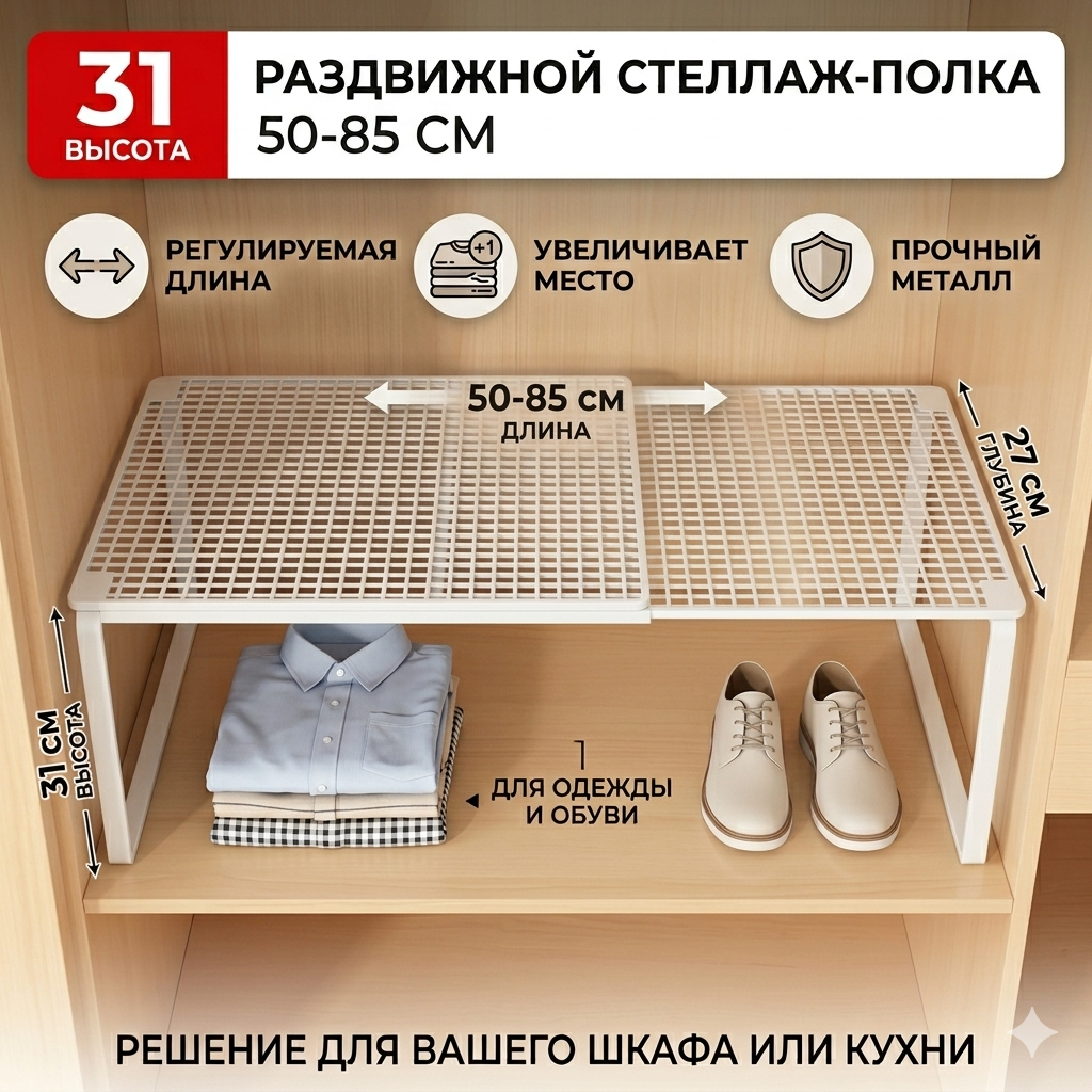Органайзер для хранения вещей металлический, переставные перегородки, чёрный, Длина 50-85 см, ширина 27 см, высота 31 см