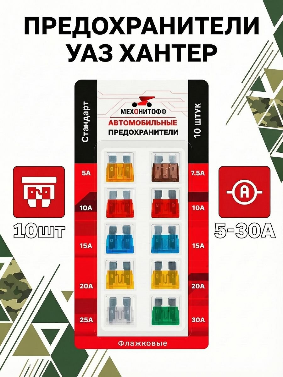 Мехонитофф / Предохранители УАЗ Хантер для автомобиля Стандарт 10шт