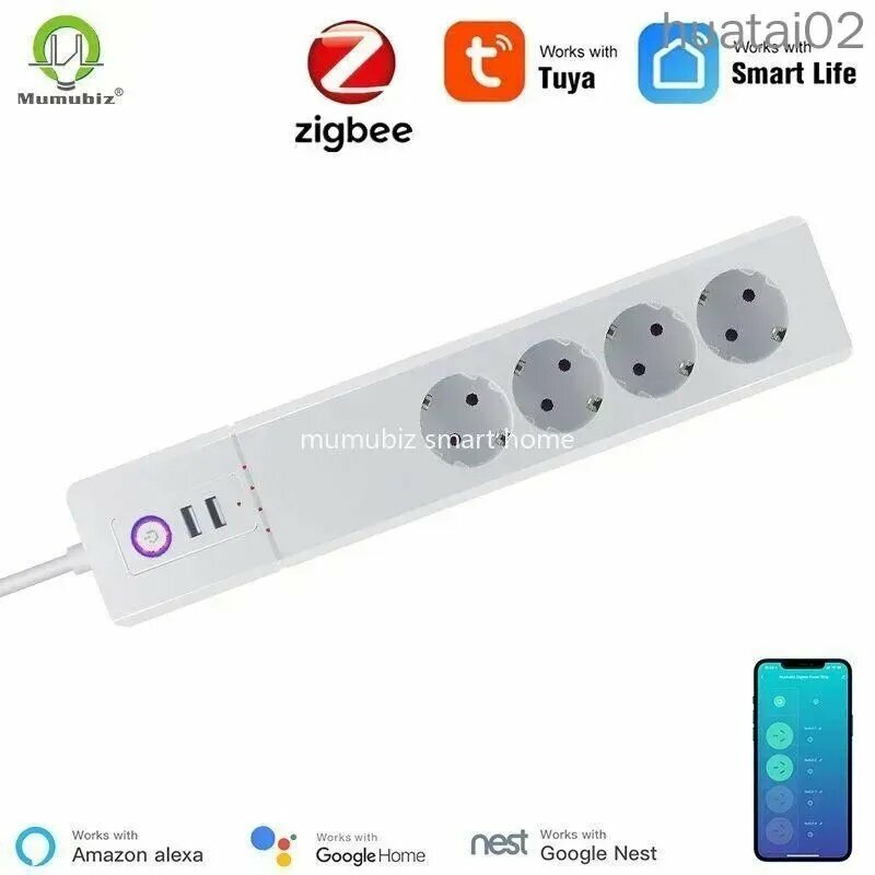 Tuya Smart Zigbee Удлинитель питания 4 розетки 2 порта USB APP беспроводное управление