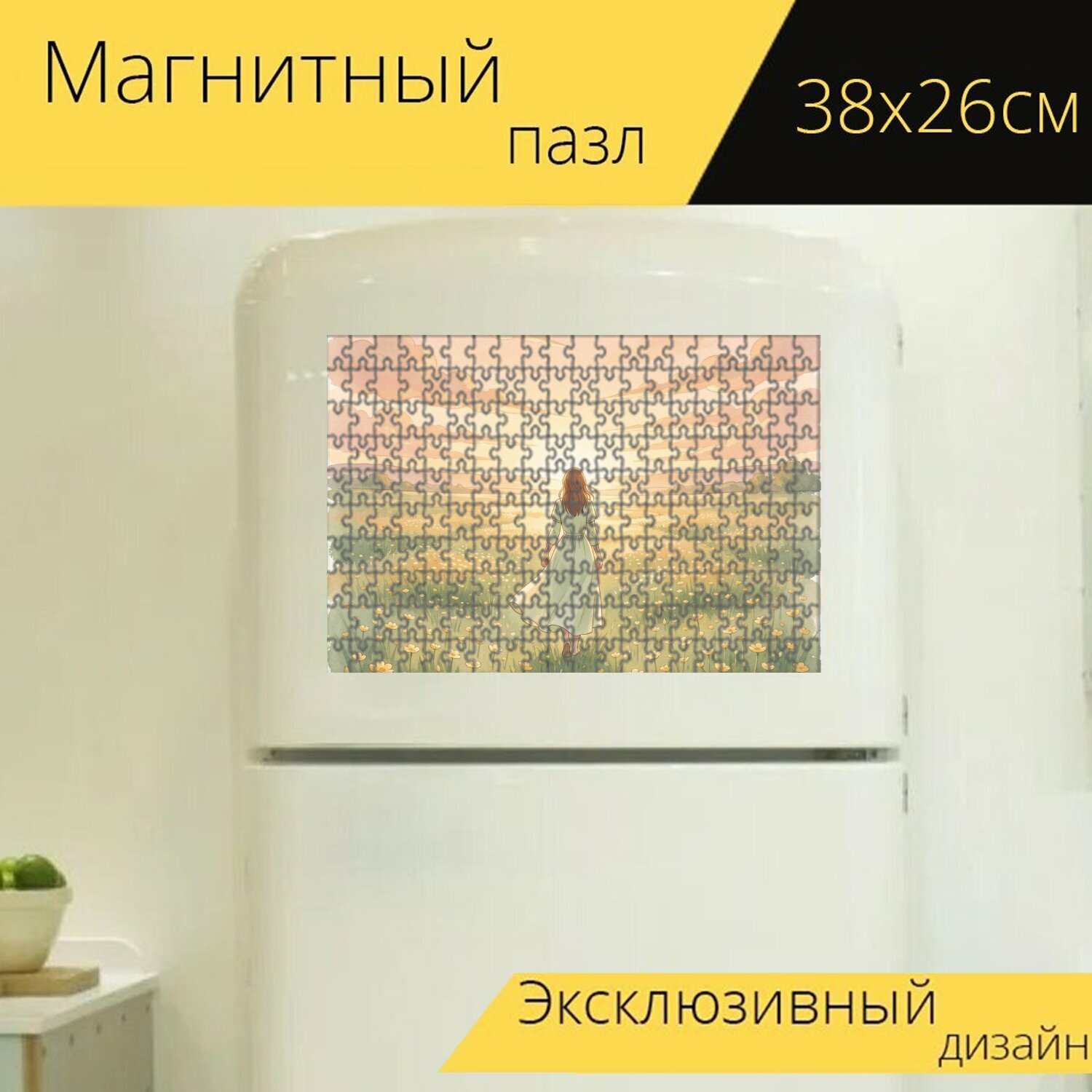 Магнитный пазл "Девушка в цветочном поле на закате. Нежная иллюстрация: юная фигура идет по лугу среди мелких желтых цветов, впереди сияющее солнце." для интерьера, 38х26 см.