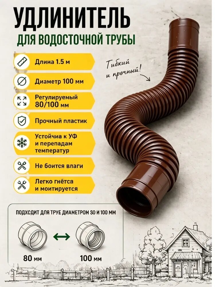 Гибкий гофрированный удлинитель водостока 90/110 мм, разборный шланг до 1.5 м с поворотными фитингами, универсальная дренажная труба
