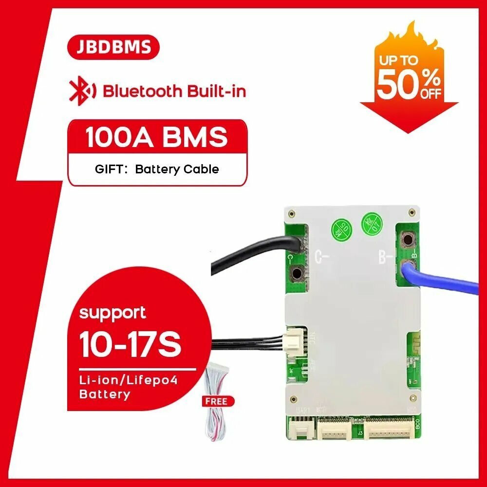JBD Smart BMS 36V 48V 60V, 100А непрерывно, 300А пиковая 10S 11S 12S 13S 14S 15S 16S 17S Встроенный BT UART Li-ion NMC LiFePo4 BMS умная балансовая панель