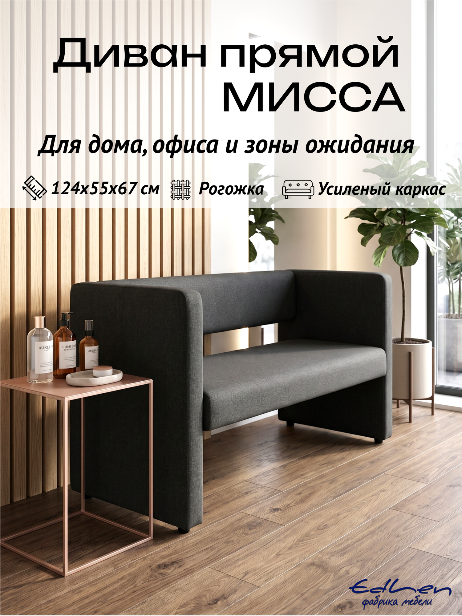 Диван прямой Мисса, рогожка grafit, для дома, офиса, зоны ожидания EDLEN
