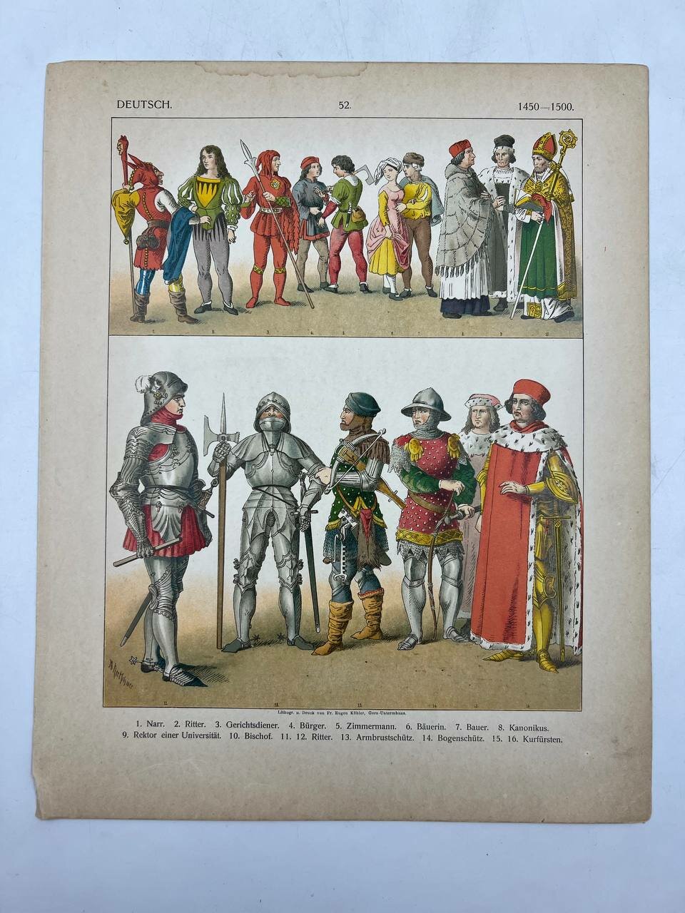 " Мужские костюмы различных сословий. Германия. 1450-1500 годы" Хромолитография из Книги по истории костюма изданной в Германии, между 1876 и 1888. 32х31 см