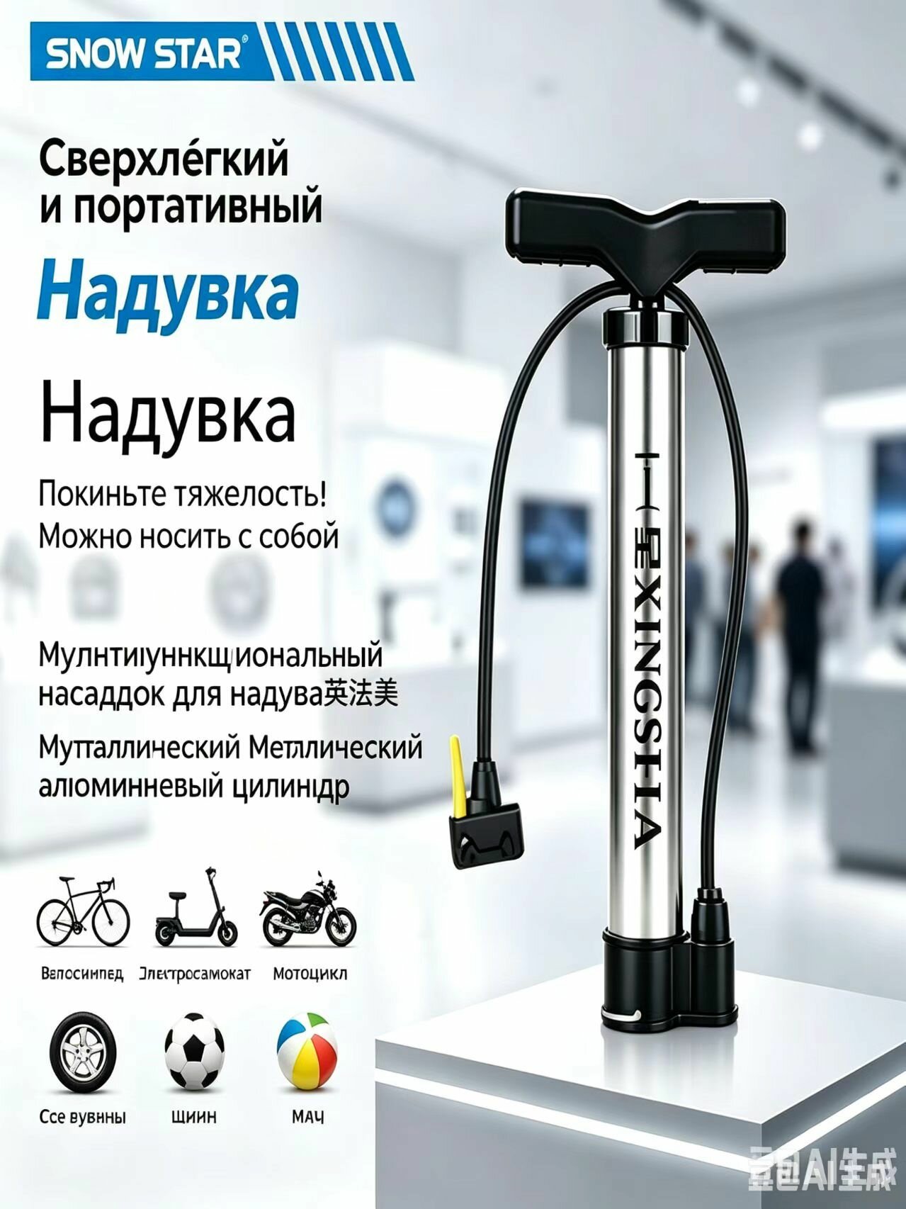 Велосипедный ручной насос, портативный ручной, серебристый