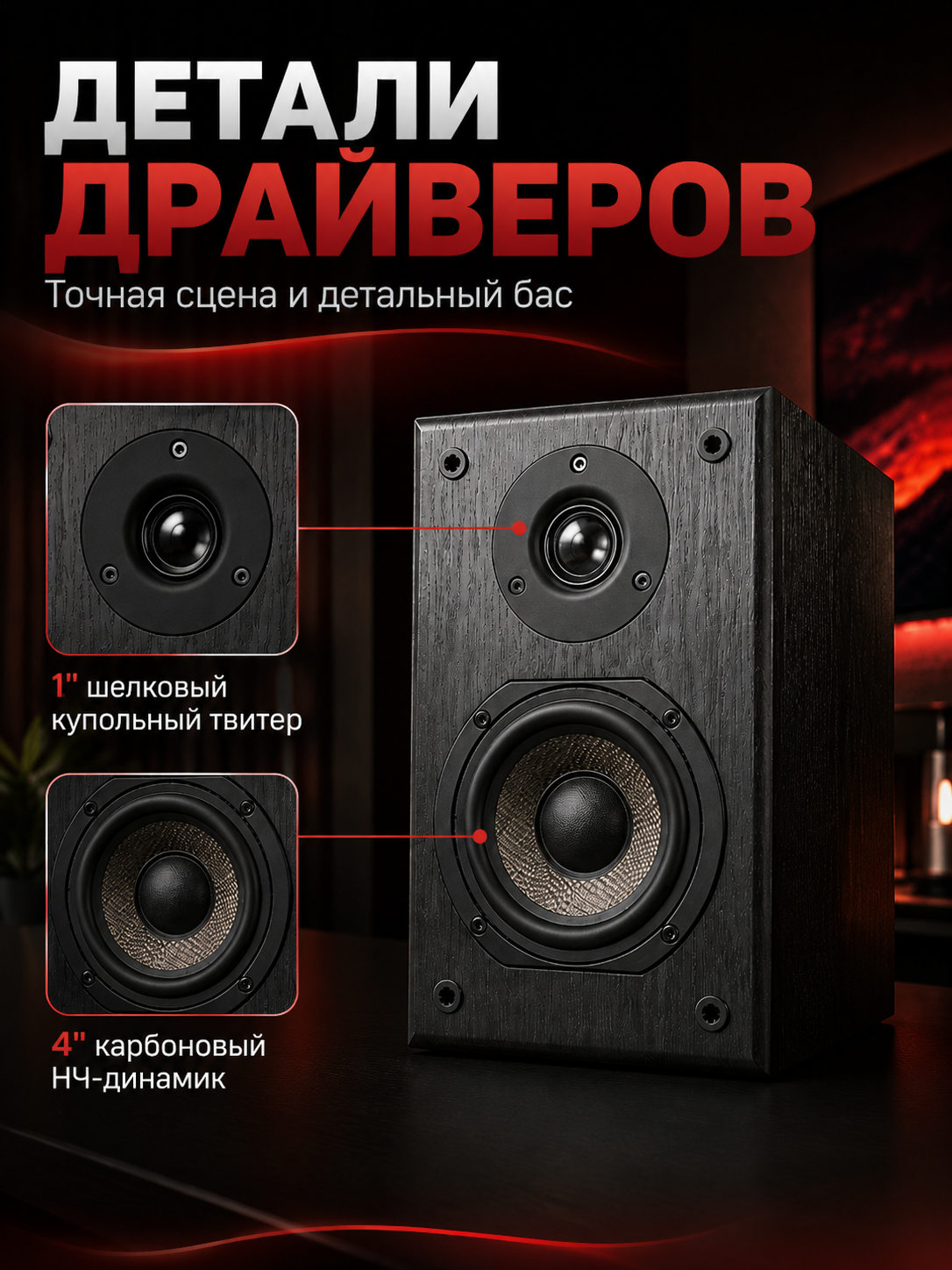 Колонки пассивные Hi-Fi (пара 2 шт) для усилителя, 100 Вт, 4" НЧ карбон, акустическая система
