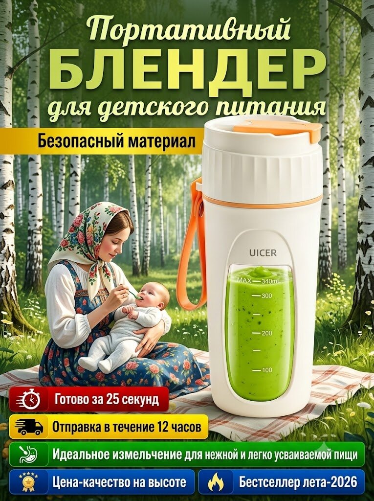Портативный блендер беспроводной для смузи и коктейлей, 3 скорости с дисплеем, белый