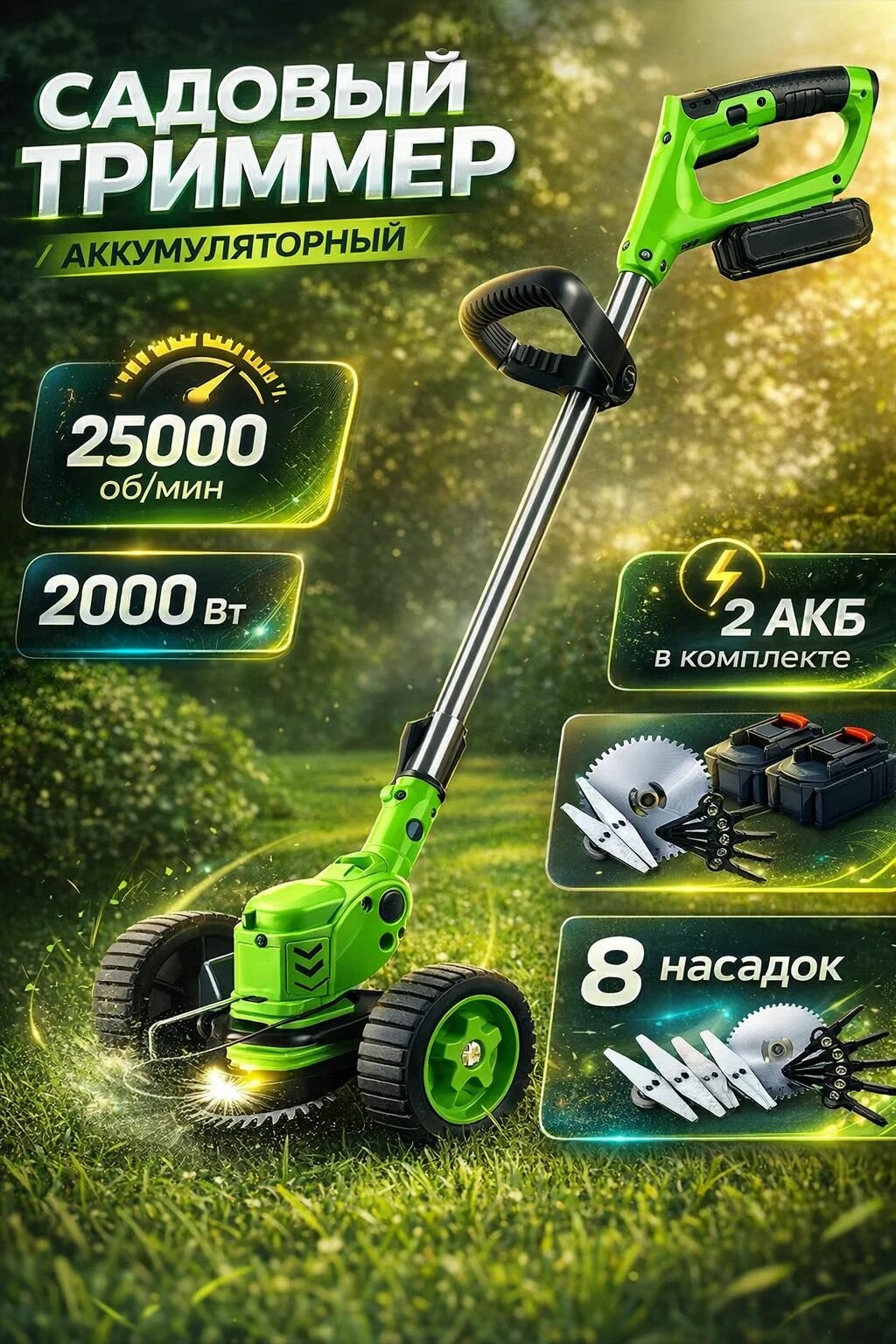 Триммеры с колесами аккумуляторный садовый с двумя аккумуляторами, газонокосилка ручная 20000 об. мин