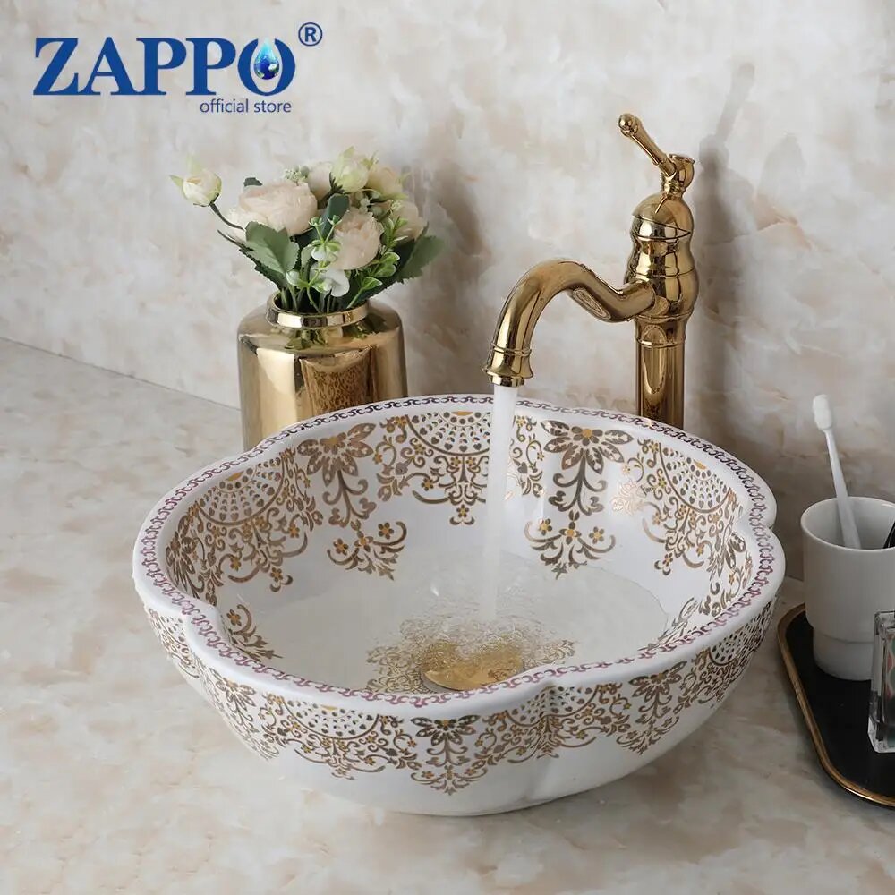 Ванна для ванной комнаты из керамики надраковая ZAPPO круглая лепестковая с орнаментом «Цветы и птицы» с смесителем