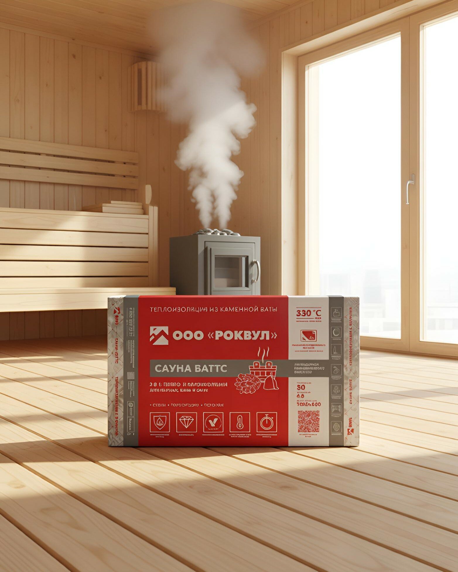 Теплоизоляция для бани и сауны Rockwool Сауна Баттс, каменная вата с фольгированным слоем, 50 мм (1000×600 мм, 8 листов)