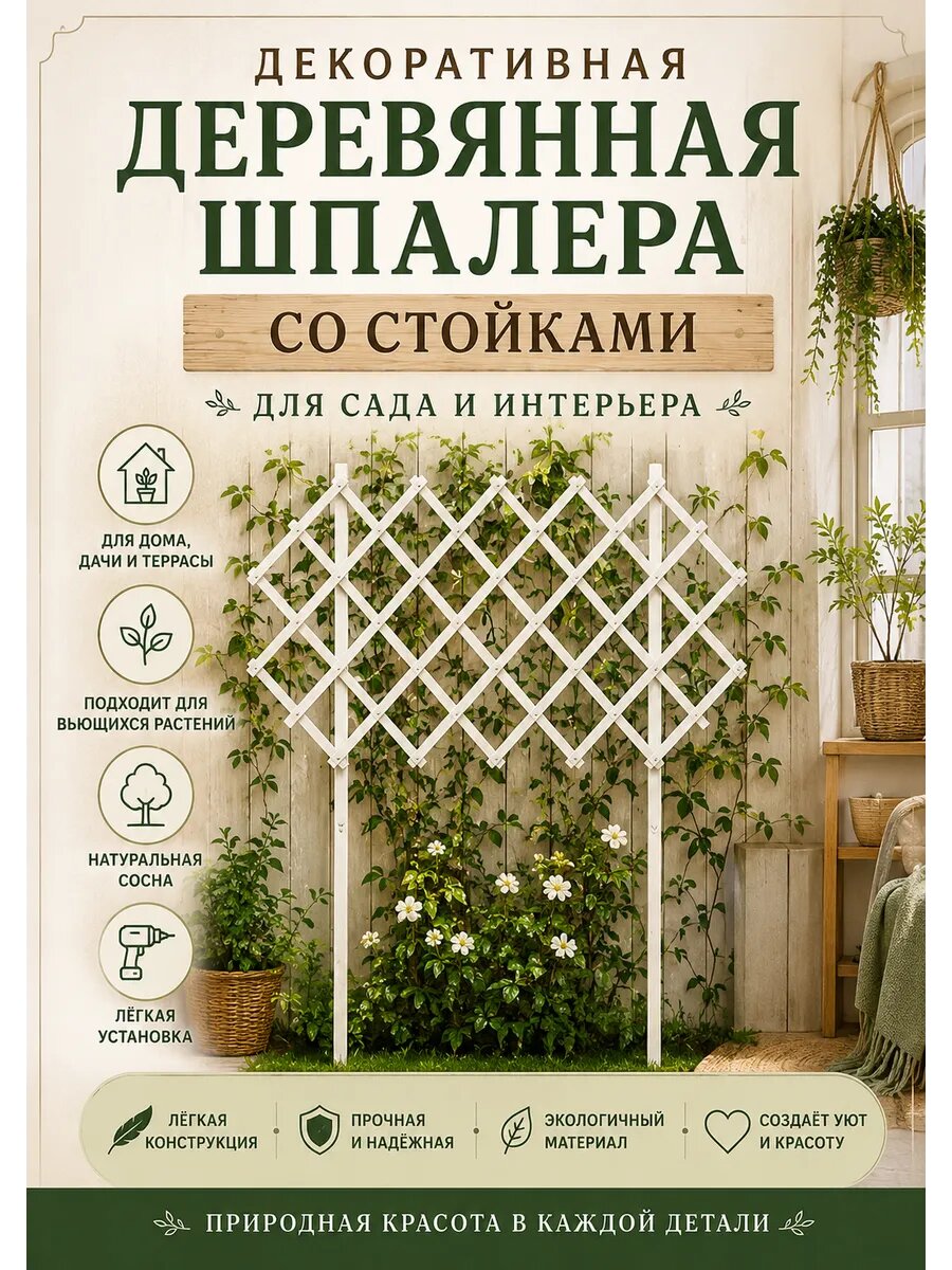 Деревянная шпалера со стойками для сада и интерьера