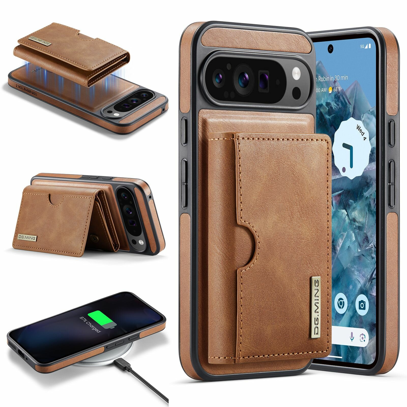 DG.MING Роскошный кожаный чехол для Google Pixel 9 Pro XL(Гугл Пиксель 9 Про XL) магнитный держатель для карт, кожаный чехол-кошелек 2 в 1, съемный / беспроводная зарядка / блокировка RFID