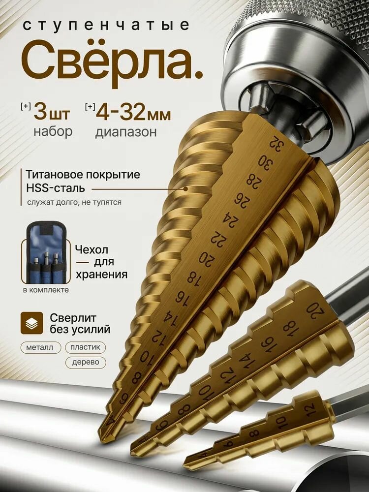 Стальной Ступенчатый Конус С Металлическим Сверлом с покрытием 4-12 /20 /32 мм