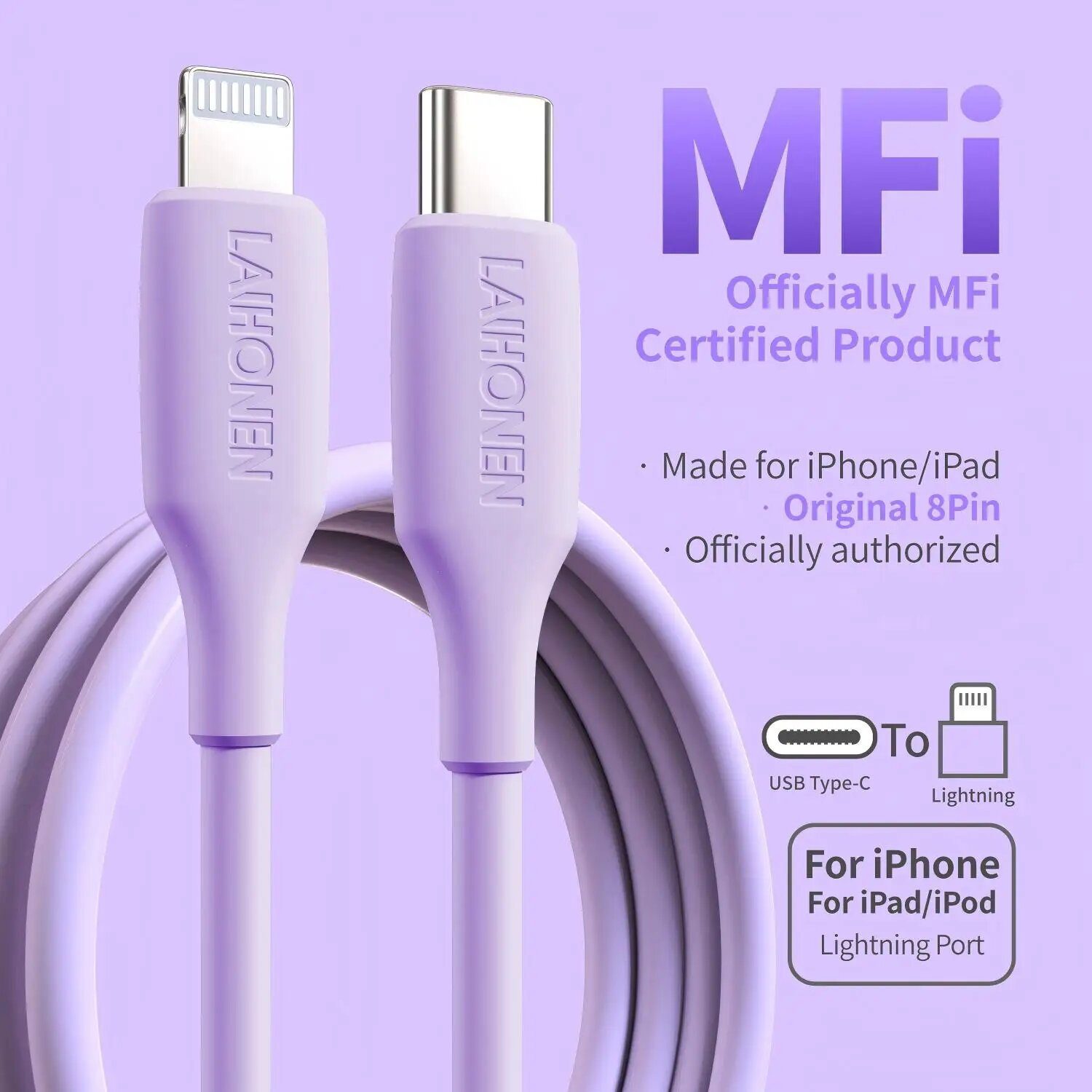 Кабель USB-C - Lightning Длиной 6 Футов, Сертифицированный MFi 2m, Сиреневый, Lavender