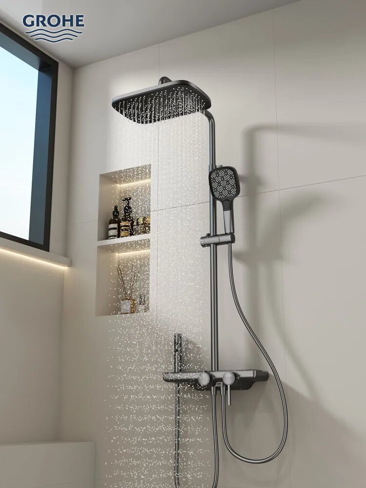 Душевая стойка Grohe латунь, двойной душ с полкой, удлинитель штанги 30 см — фото 1