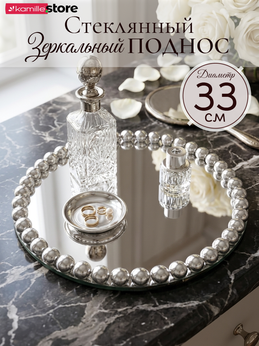Поднос зеркальный 33 см. круглый, из стекла с декором (серебристый)