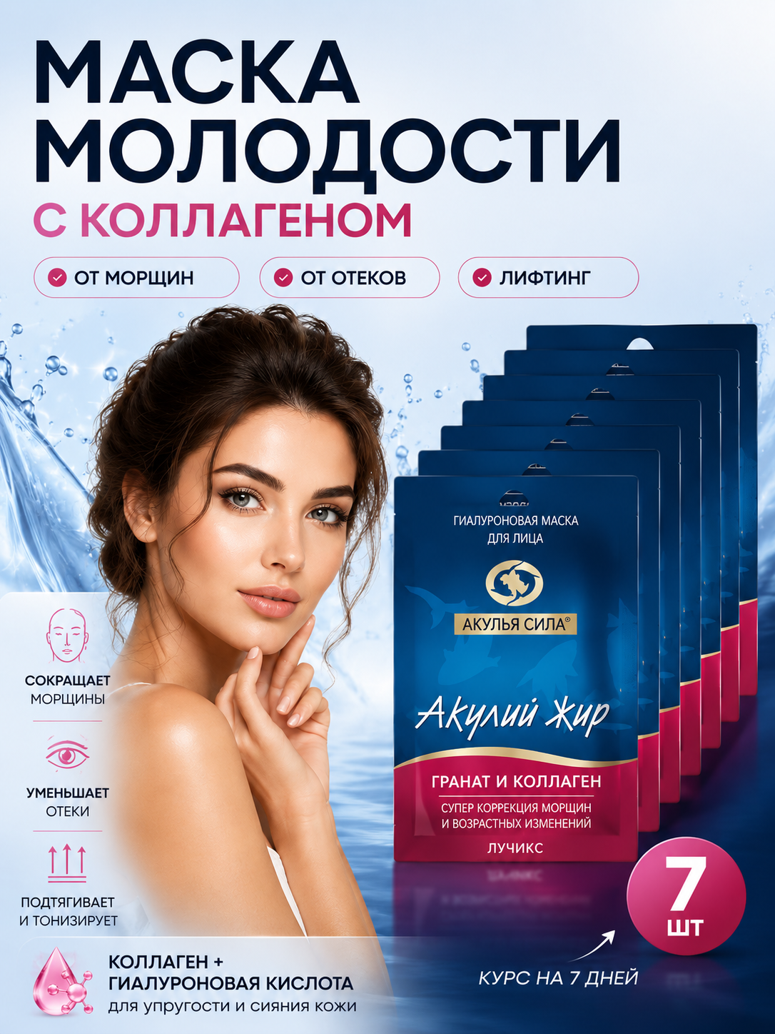 Маска от глубоких морщин на лице ботокс эффект. Гранат и коллаген. Жидкие патчи для лица / 7шт по 10мл / лучикс