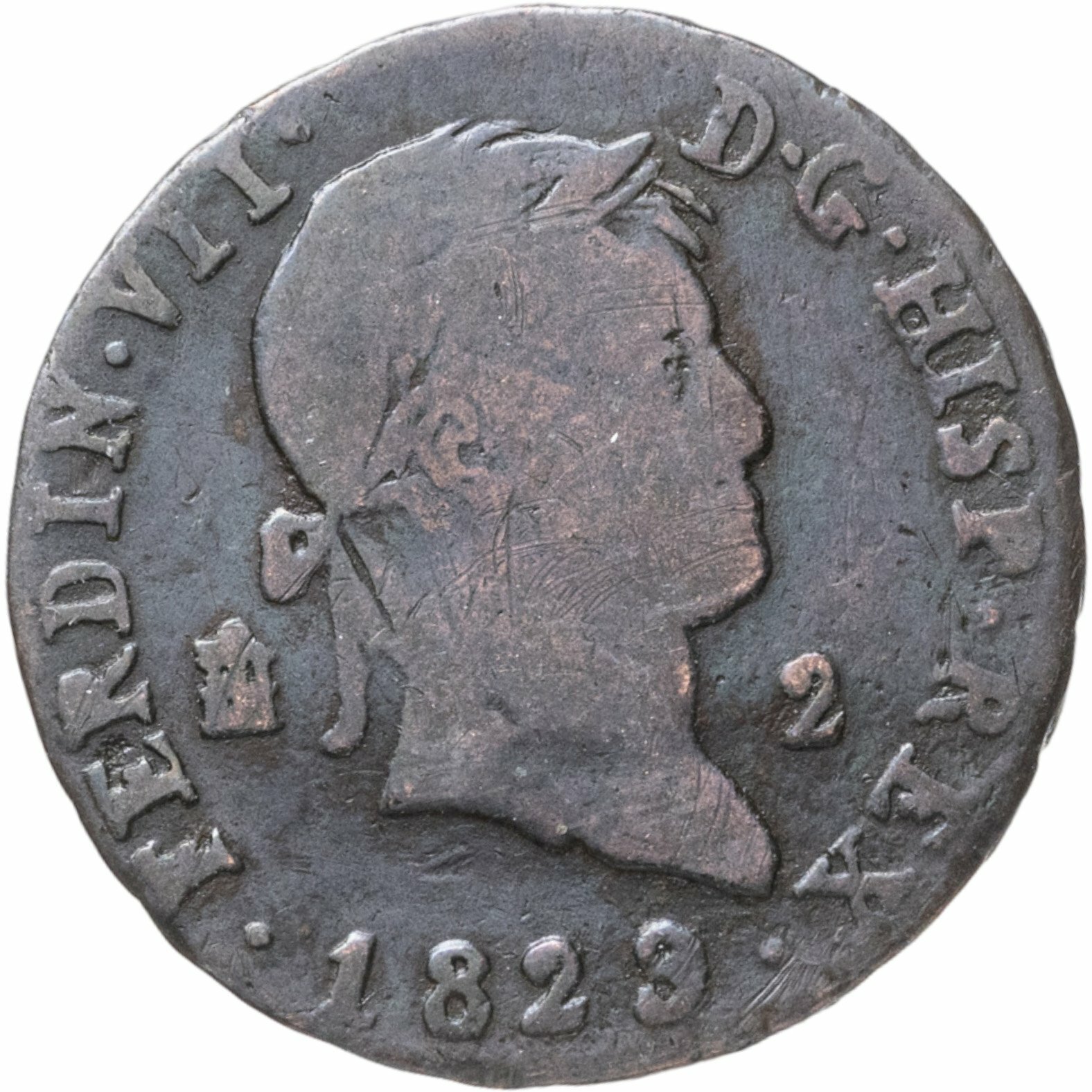 Испания 2 мараведи maravedi 1823, Медь, в сохранности F
